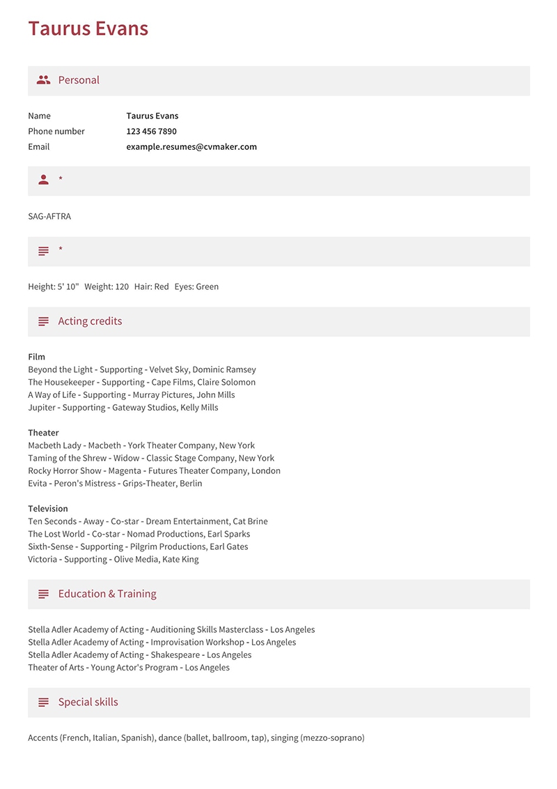 Acting Resume Template Example How To Write Guide 2026 CVmaker Acting Resume Template Example How To Write Guide 2026 CVmaker