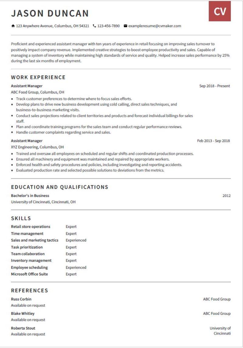 Assistant Manager Resume Sample, Job Description & Writing Guide for ...