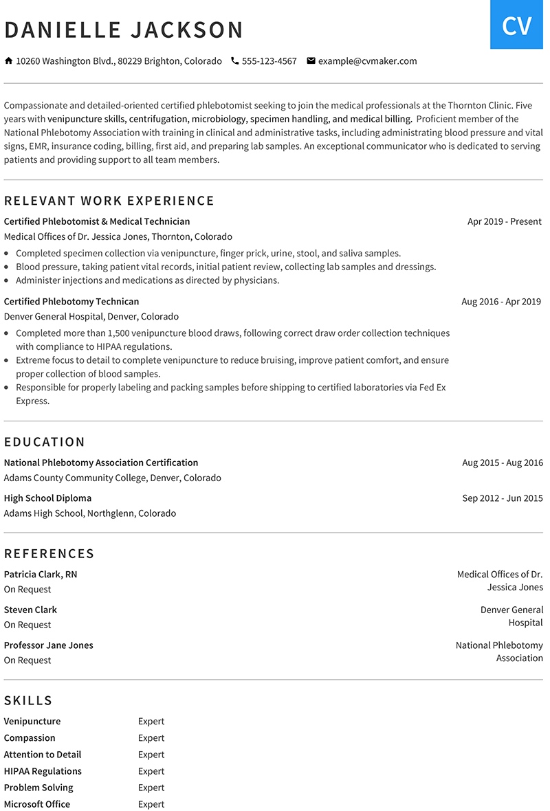 Phlebotomist Resume Examples & Writing Tips 2025 - CVmaker.com Phlebotomist Resume Examples & Writing Tips 2025 - CVmaker.com