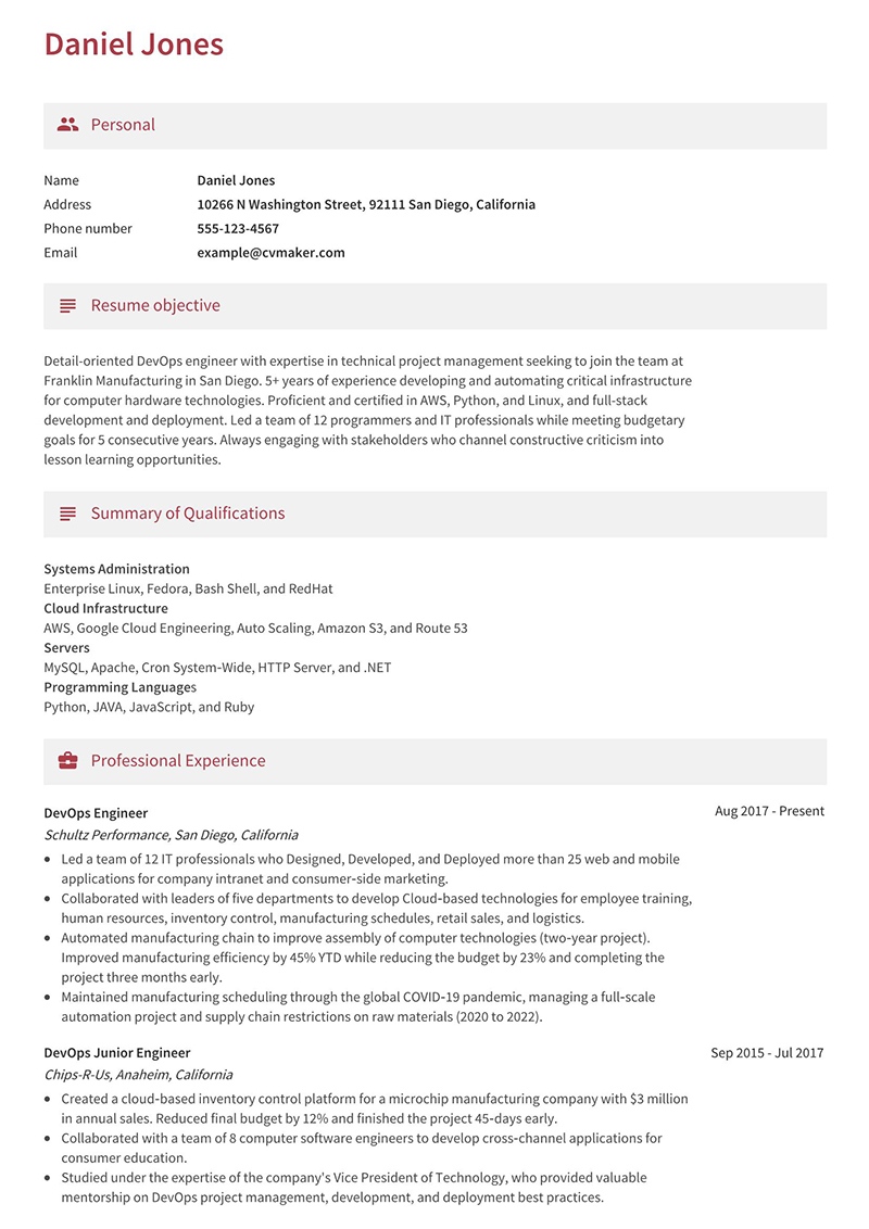 DevOps Resume Sample 2023 Writing Tips CVmaker