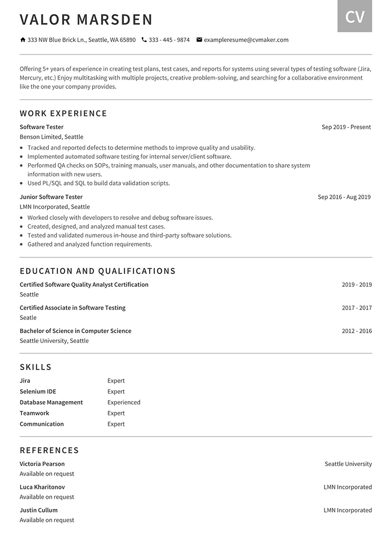 Software Tester Resume Sample, Example & Writing Tips 2025 - CVmaker.com Software Tester Resume Sample, Example & Writing Tips 2025 - CVmaker.com