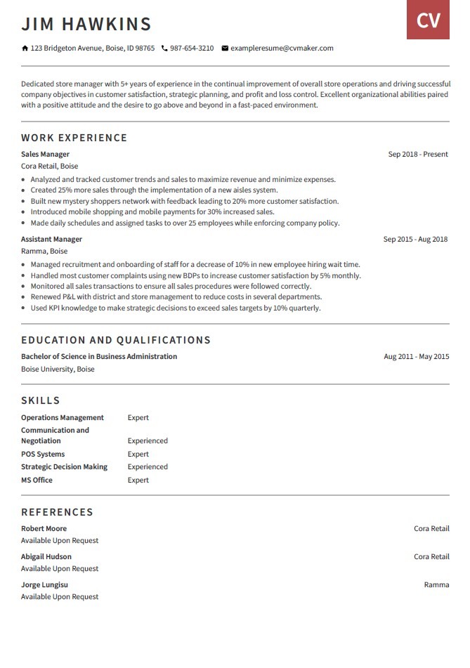 Store Manager Resume Examples & Writing Tips for 2025 - CVmaker.com